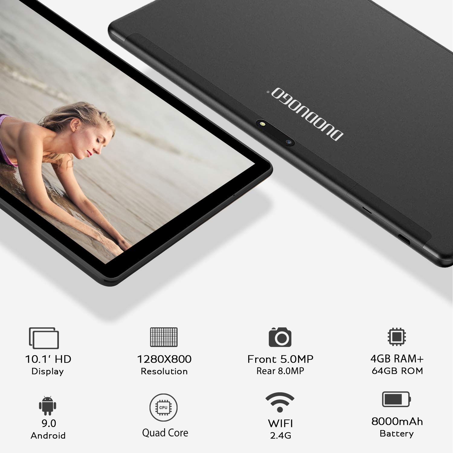 DUODUOGO 2 in 1 Tablets, Android 10.0 Tablet PC with Wireless Keyboard Case, 4GB RAM 64GB ROM/128GB Computer Tablets, Quad Core, HD/IPS, 8000mAh, 13MP Dual Camera, Cellular Dual 4G SIM + WiFi, DGO-P8