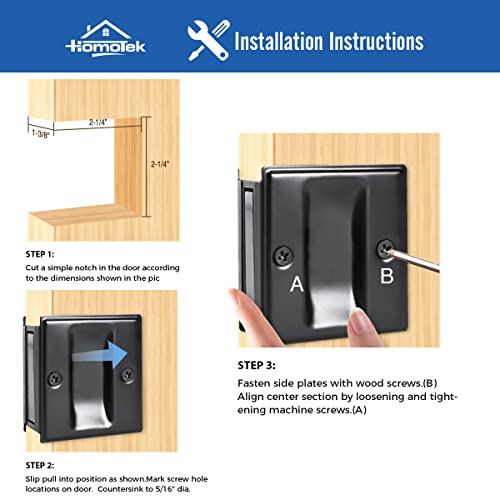HOMOTEK Privacy Pocket Door Pull Without Switch Plate - Replace Old Or Damaged Passage Sliding Door Pull No Lock Quickly and Easily, 2-3/4βx2-1/2β, for 1-3/8β Thickness Door, Black