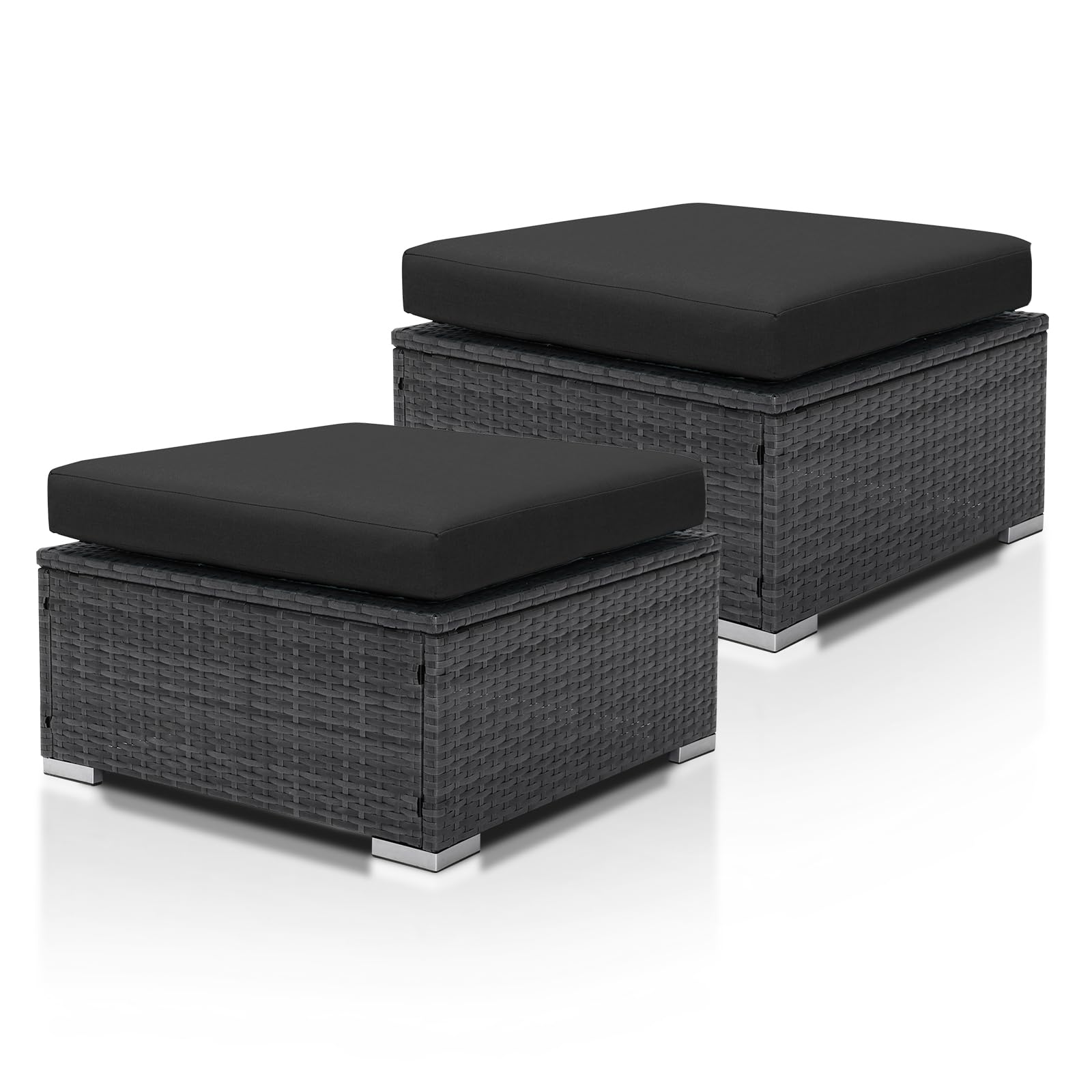 NICESOUL Modern Luxury All-Weather Outdoor Wicker Ottoman Set of 2 Fine Grey PE Rattan Alloy Steel Frame Footrest Wide Deep Seat 2 Pieces Foot Stools for Indoor Outdoor Patio, 2 Color Cushions