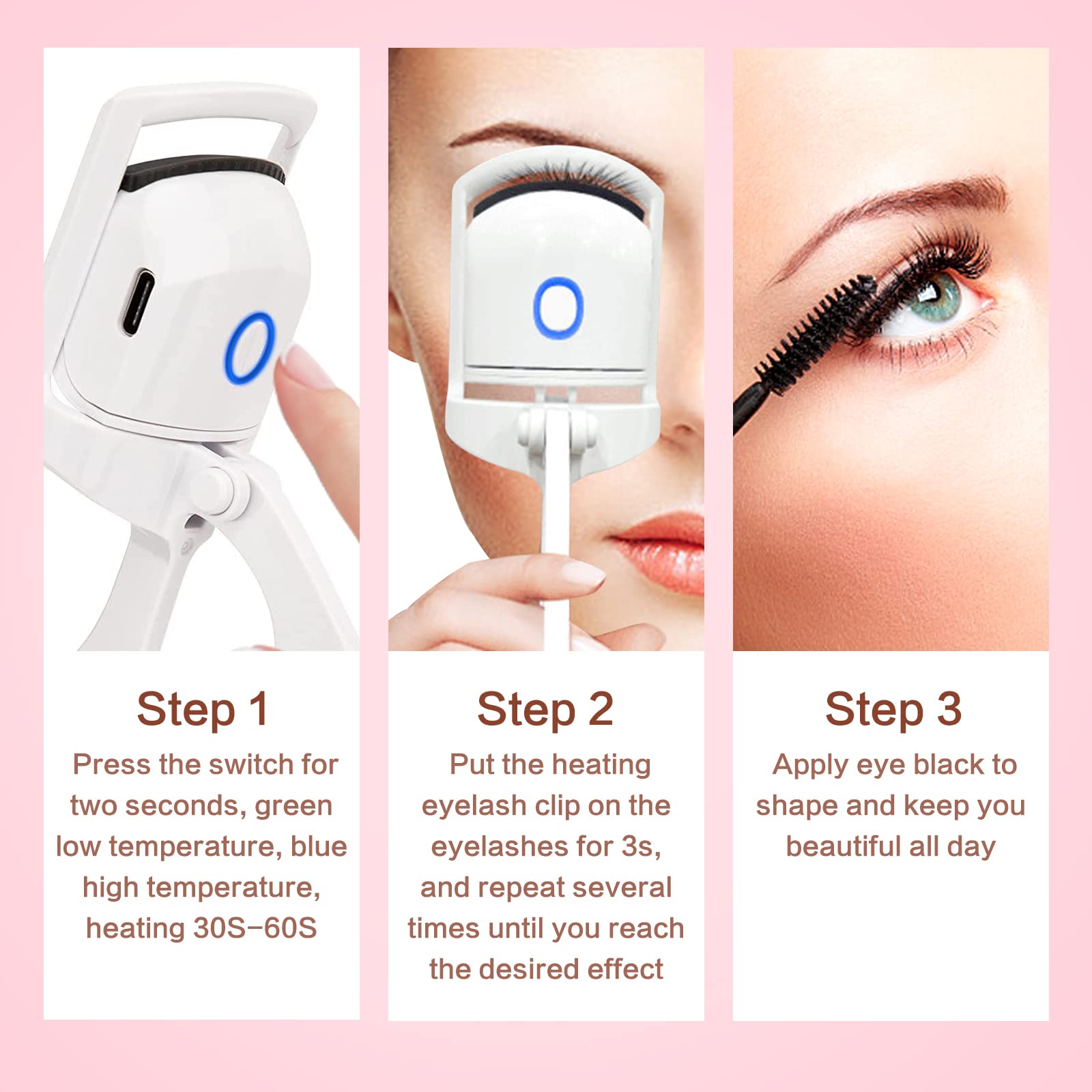 Heated Eyelash Curlers Fast Heating, Eyelash Curler 2 Gears Adjustable(149°F/185°F),Eyelash Curlers Portable, USB Lash Curler, Fast Curling Tweezerman Eyelash Curler, Get The Perfect Curl Within 5S