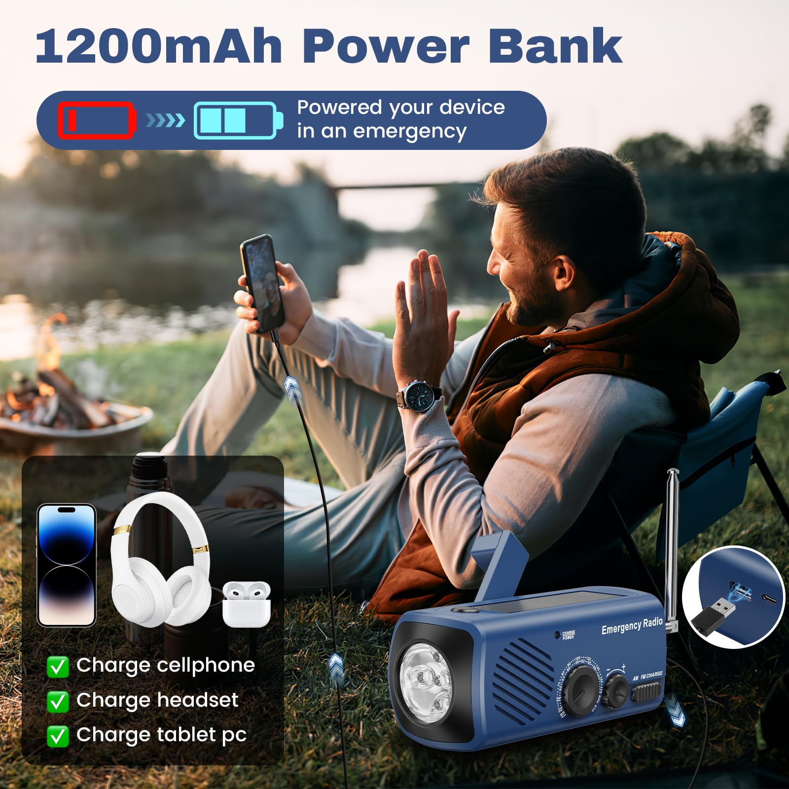 Emergency Hand Crank Radio AM/FM with LED Flashlight, Portable Weather Radio with Solar Charging Manual Crank and Battery Operation, Mergency Phone Charging for Home Outdoor Camping(Blue)