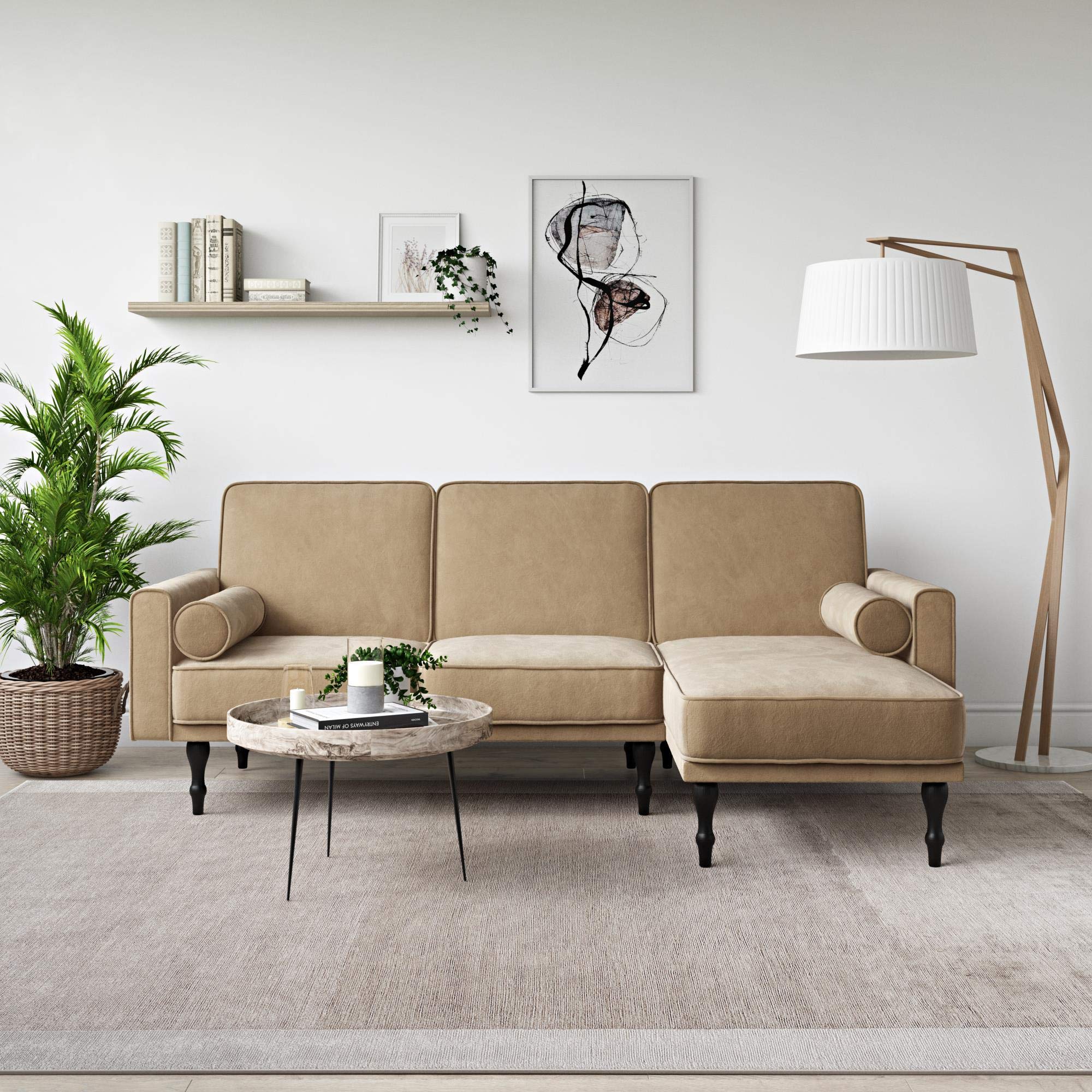 DHP Estelle Small Space Sectional, Tan Velvet Futon
