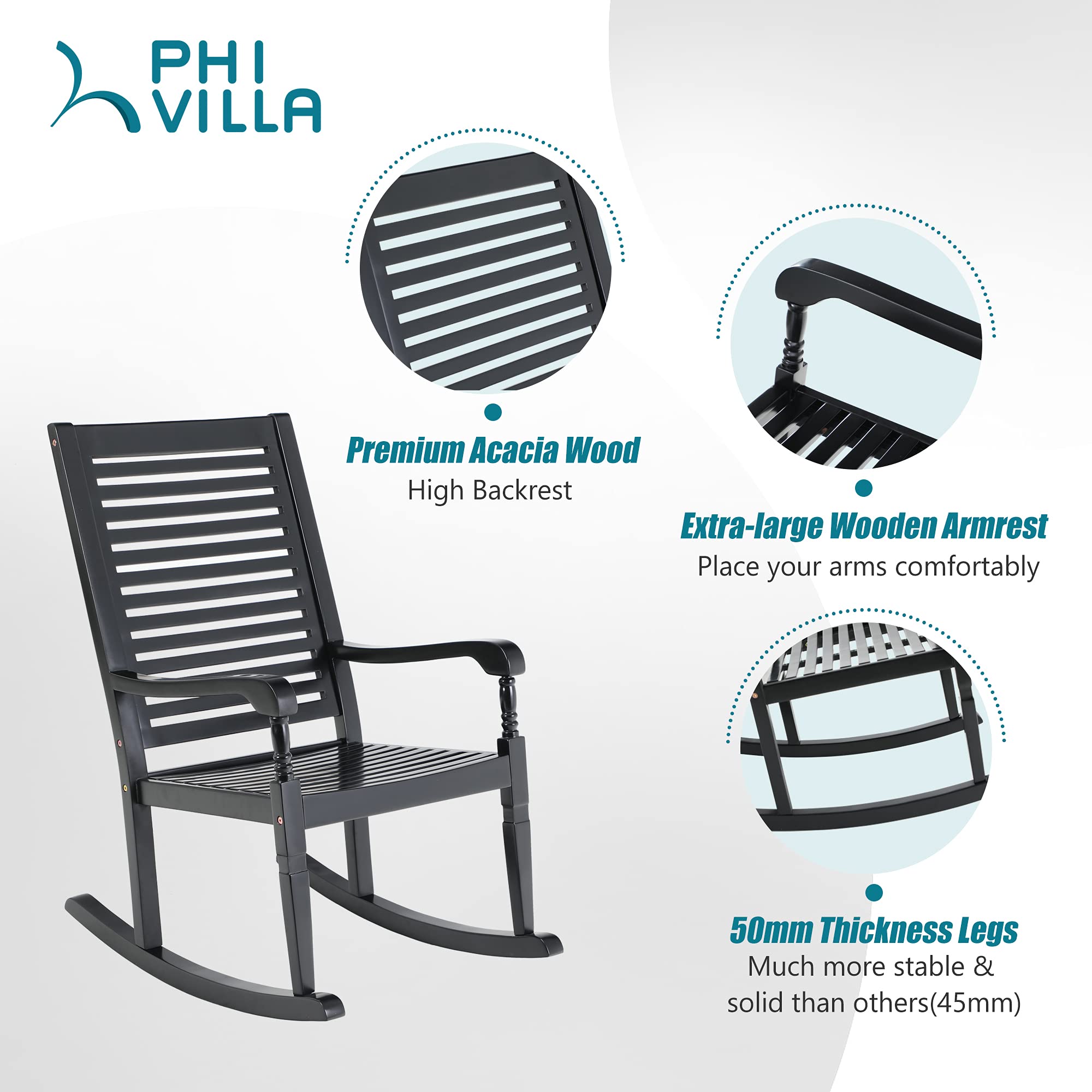 PHI VILLA Outdoor Rocking Chairs Set of 2, Acacia Wood Rocker Chairs for Patio, Deck, Balcony or Porch, 30° Safe Recline Support 350lbs - Black