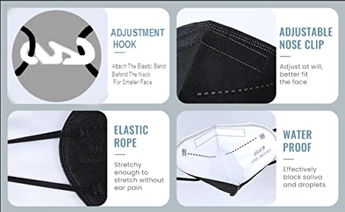 YUENTAM KN95 Face Masks 50PCS, 5-Layers Protection With Elastic Loop Straps and Nose-Clip and Adjustment Hook, Breathable 3D design For Men and Women,Individually Wrapped, Black and White (Black)