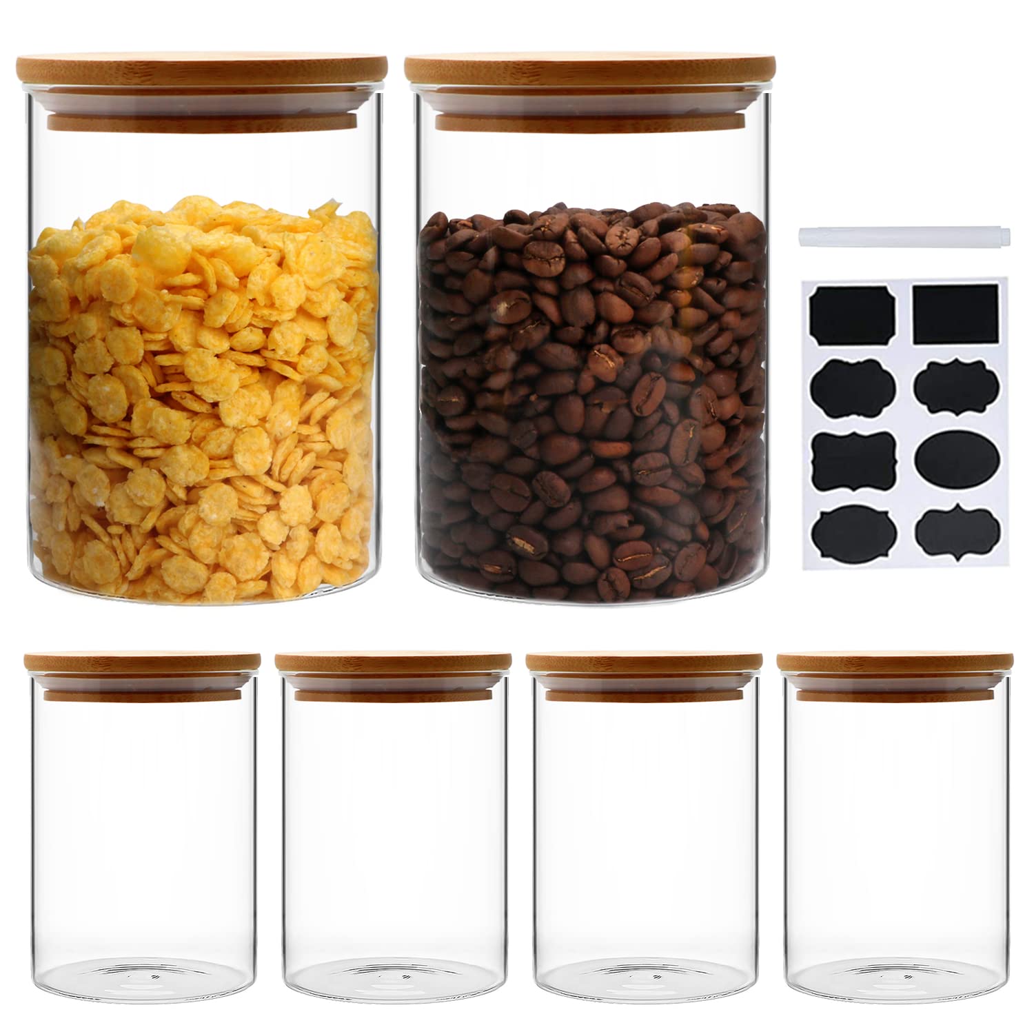 Datttcc 6 Pack Glass Food Storage Jars,27oz Glass Jars with Airtight Bamboo Lids for Pantry Organization and Storage, Suit for Kitchen Canning Cereal,Candy,Cookie,Flour,Coffee and More