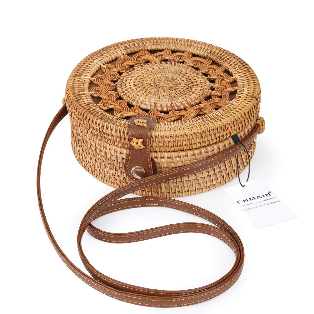 ENMAIN Round Rattan Bag for Women Straw Bag Handwoven Beach Bohemian Shoulder Purse