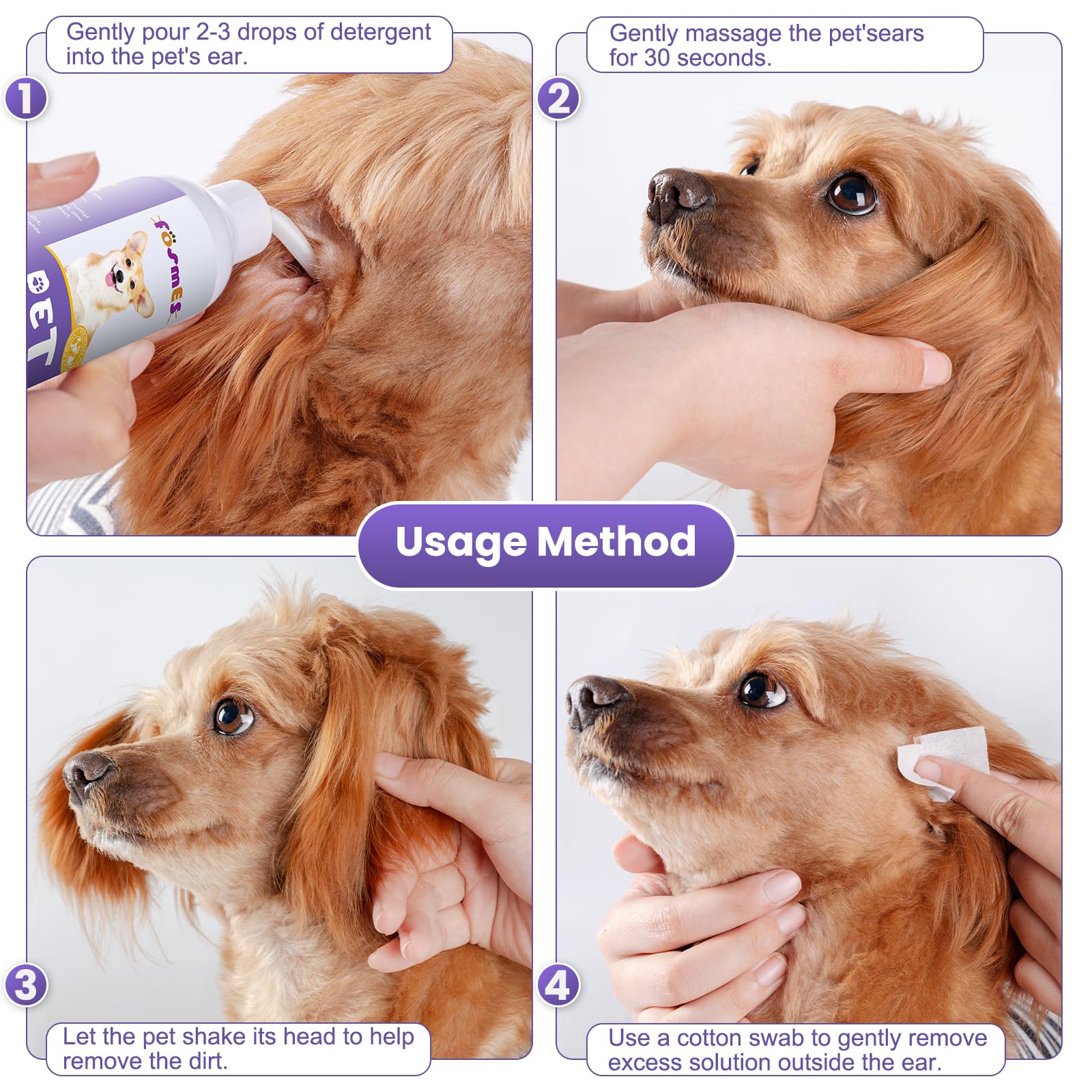 OUYOFI Ear Cleaner for Dogs & Cats, Pet Ear Cleaning Solution to Help Reduce Ear Dirt Buildup and Relieve Ear Odor,Gentle Ear Cleaning Solution,4 Fl oz