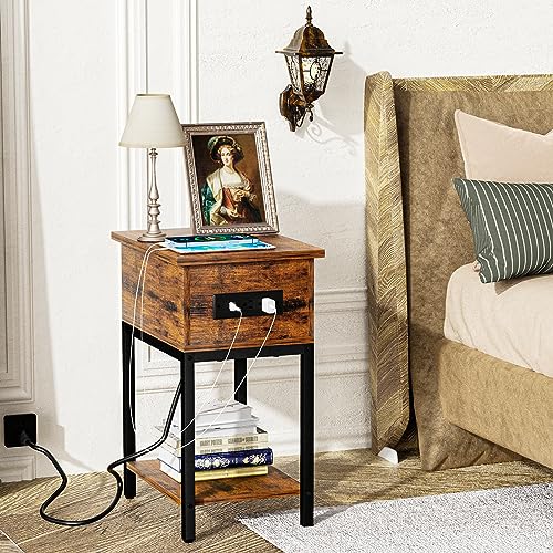 SZLHANJZ Nightstand with Charging Station, Narrow End Table with Storage Drawer, Wood & Metal Narrow Nightstand 2 Tier, Small Sofa Bed Side Table for Living Room Bedroom Dorm, Dark Brown