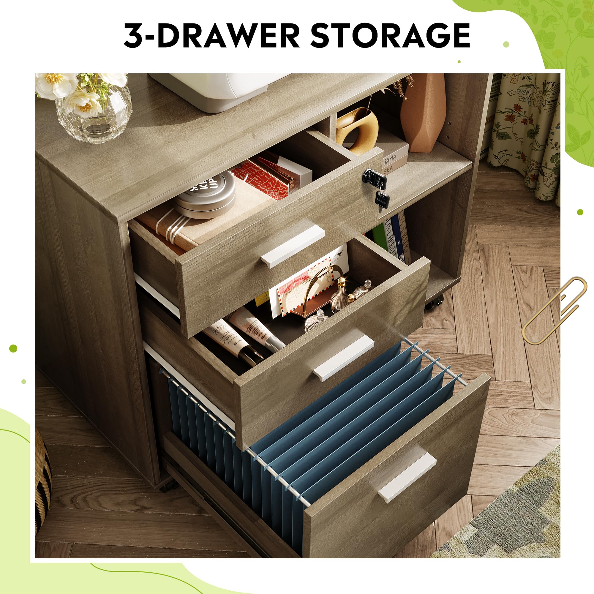 DEVAISE 3-Drawer Wood File Cabinet with Lock, Mobile Lateral Filing Cabinet, Printer Stand with Open Storage Shelves for Home Office, Gray Oak