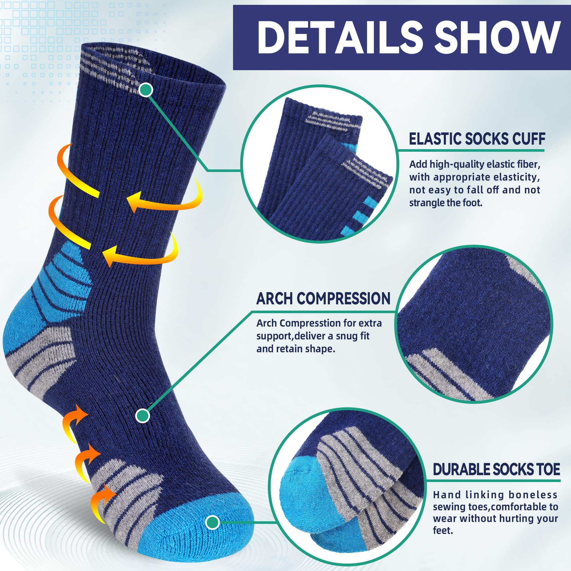 Eyean Mens Hiking Socks Merino Wool Winter Thick Thermal Warm Boot Cozy Cushion Work Socks 5 Pairs (Multicolor A)