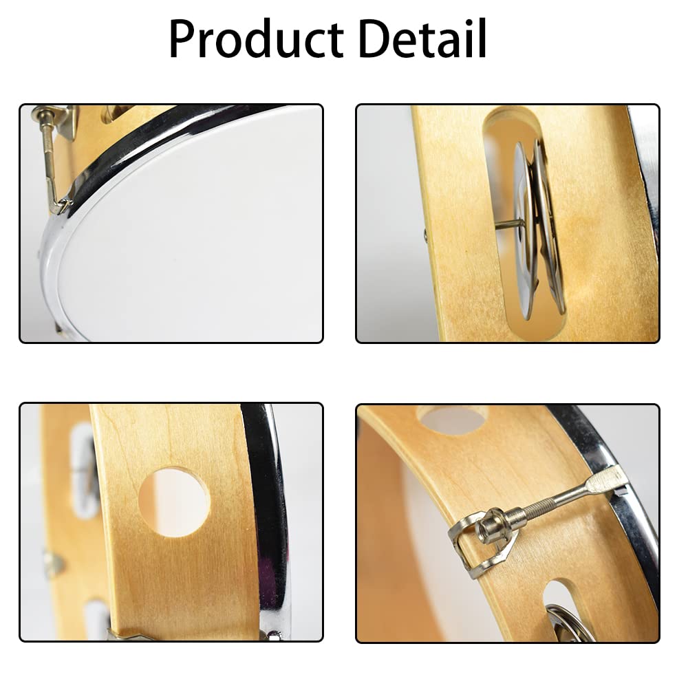 ENNBOM Tambourines for Adults Hand Held Ring Bell Adjustiable Metal Jingles Wood Frame Hand Drum (10")