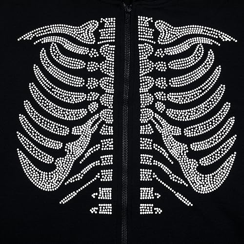 MOUSYA Women’s Skeleton Oversized Zip Up Hoodie Y2k Skull Sweashirt Rhinestone Graphic Hoodies Fall Long Sleeve Pullover Tops Black