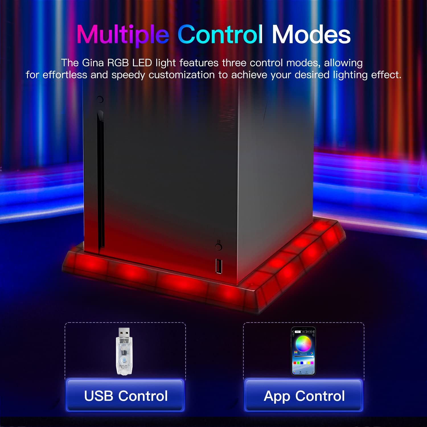 Gina LED Light Cooling Stand for Xbox Series X/S Console Accessories, 5050 Chip RGB LED Strip Vertical Stand, 12 Colors 300 Effects, DIY Multi-Colour Light by App Control, Music Sync, Heat Dissipation