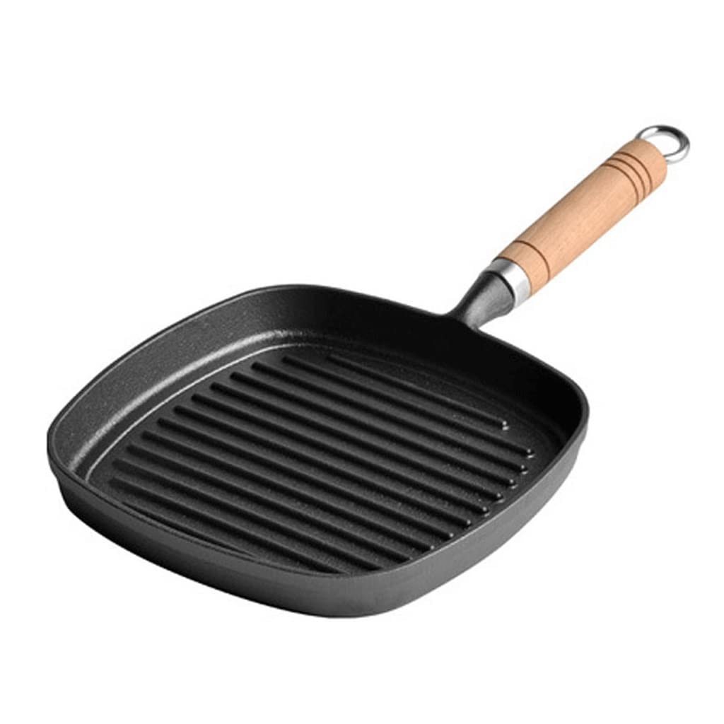 DHTDVD Skillet Cast Iron Skillet Wooden Handle Striped Steak Skillet Cookware Kitchen