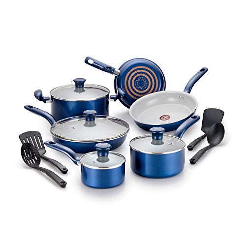 T-fal Initiatives Ceramic Nonstick Cookware Set 14 Piece Pots and Pans Blue