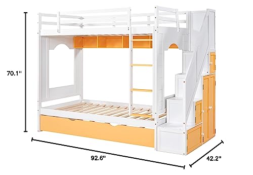 HomSof Twin Over Twin Bunk Bed with Trundle,Stairs,Ladders Solid Wood Bunk Bed with Storage Cabinet (White + Yellow)