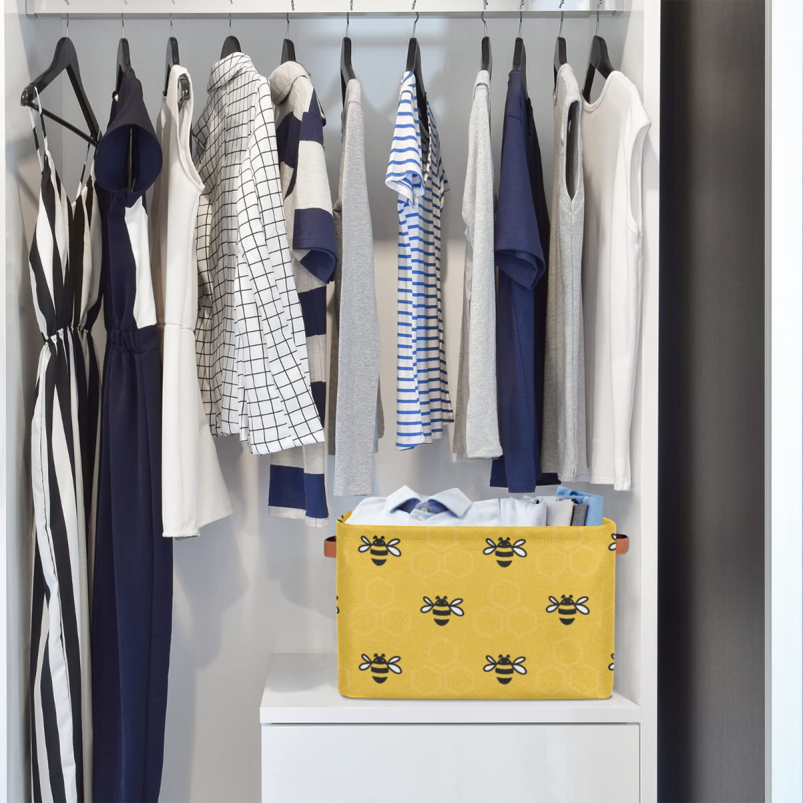 Storage Baskets with Handles, Bee Yellow Storage Cube Rectangular Fabric Collapsible Toy Storage Bin Organizer for Closet Shelf Laundry Nursery Kids Bedroom, 15x11x9.5 In,1 Pack