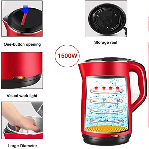 MDRBB Electric Kettle, Stainless Steel Tea Kettle, 1500W Fast Boiling Cordless Water Kettle, Electric Hot Water Kettle Tea Heater 2L with Auto Shut-Off, for Coffee, Tea, Beverages/Red/18 * 18 * 23Cm