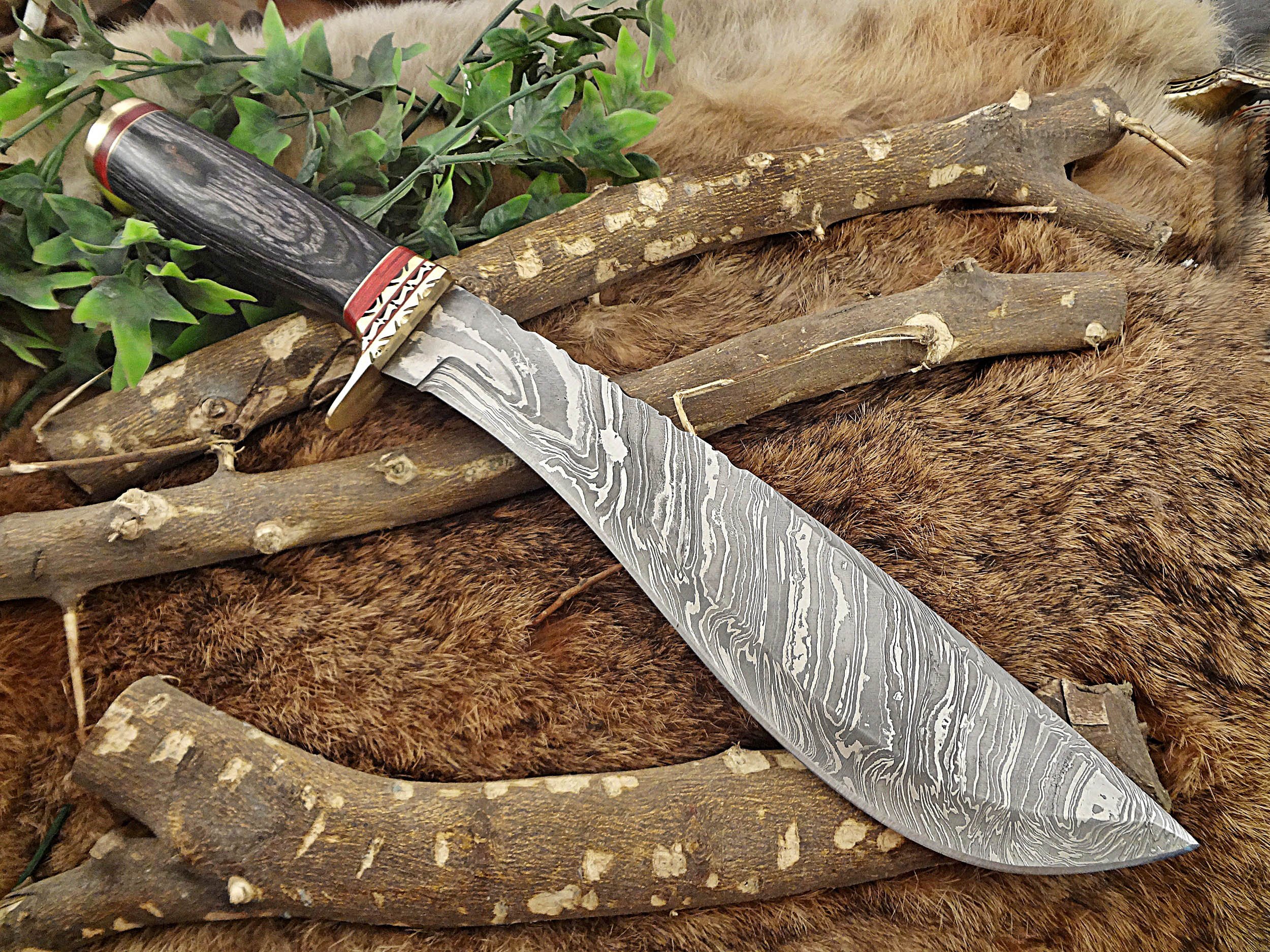 Damascus Steel Hunting Bowie Knife 14.5 Inches Custom Made Hand Forged with 10" Blade, 2 Tone Green Wood with Engraved Brass Scale, Thick Cow Hide Leather Sheath with Belt Loop (Black)