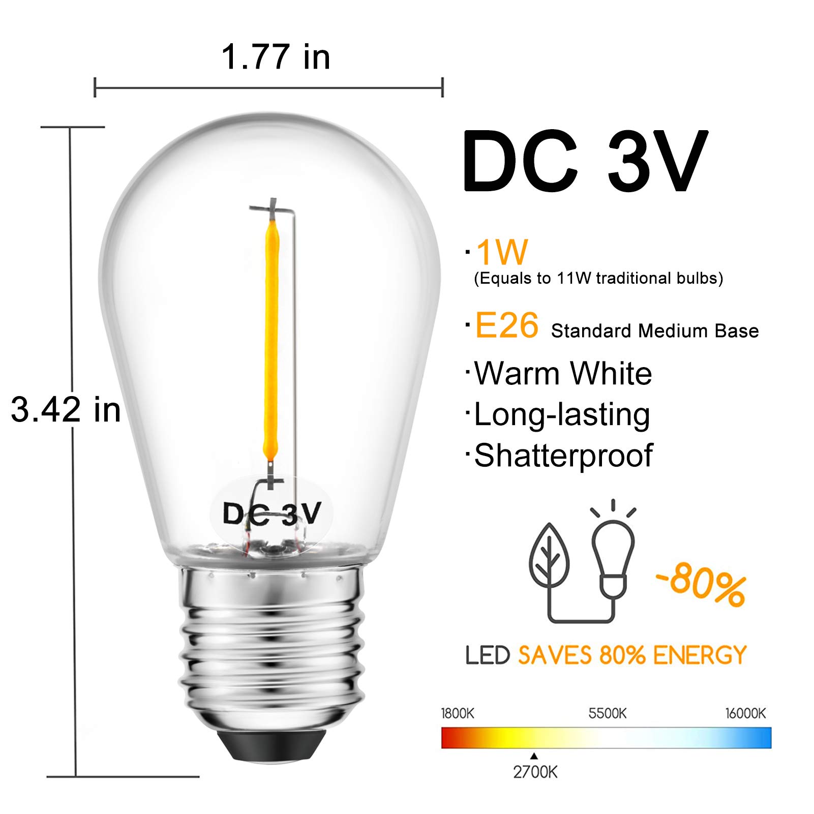 VISTERLITE LED S14 Low Voltage (DC 3V) Replacement Bulbs with E26 Base for Outdoor Solar String Lights, 15 Pack, Clear