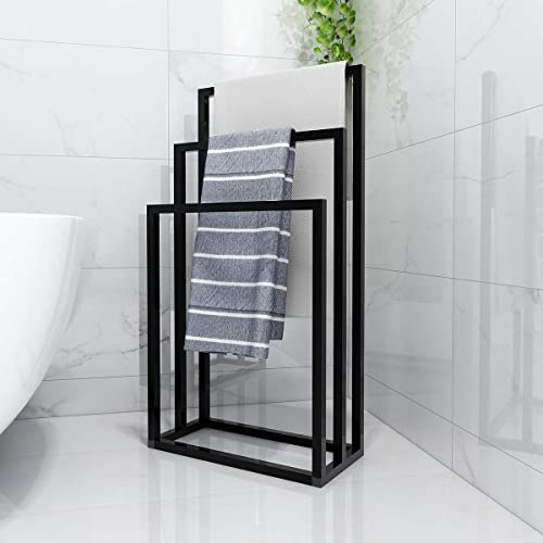 Moveable Metal Freestanding Towel Stand with 3 Towel Bars, 3 Tier Towel Rack for Bathroom, Floor Standing Towel Holder Without Drilling Hole for Bathroom Accessories. (17.7L X 8.6W X 33.8H)''/Black
