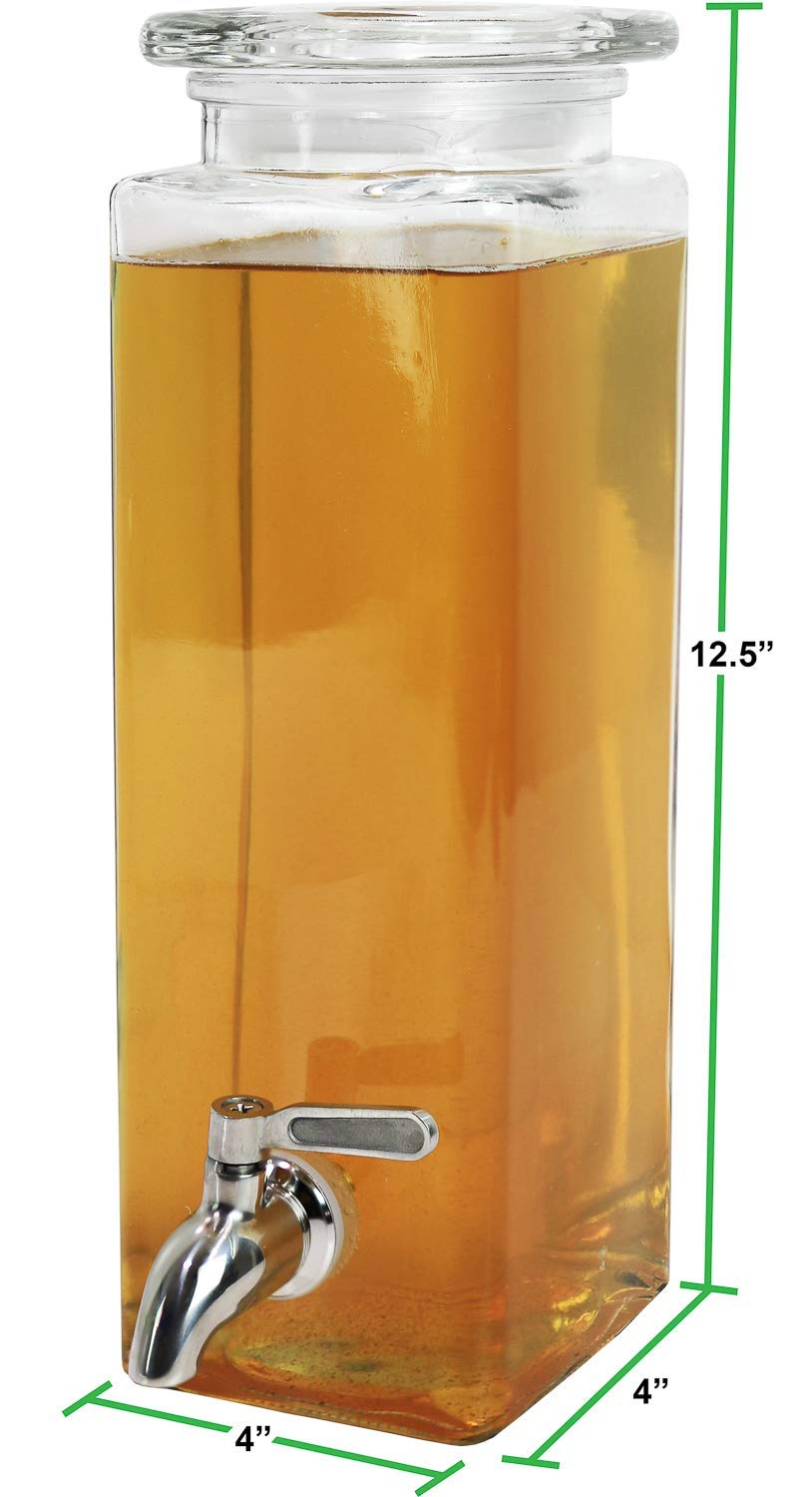 Estilo Glass Drink Dispenser - Tall Square Glass Mason Jar Drink Dispenser With Stainless Steel Spigot, 80 oz (2.36 Liters), Clear, Parties, Weddings, and Picnics