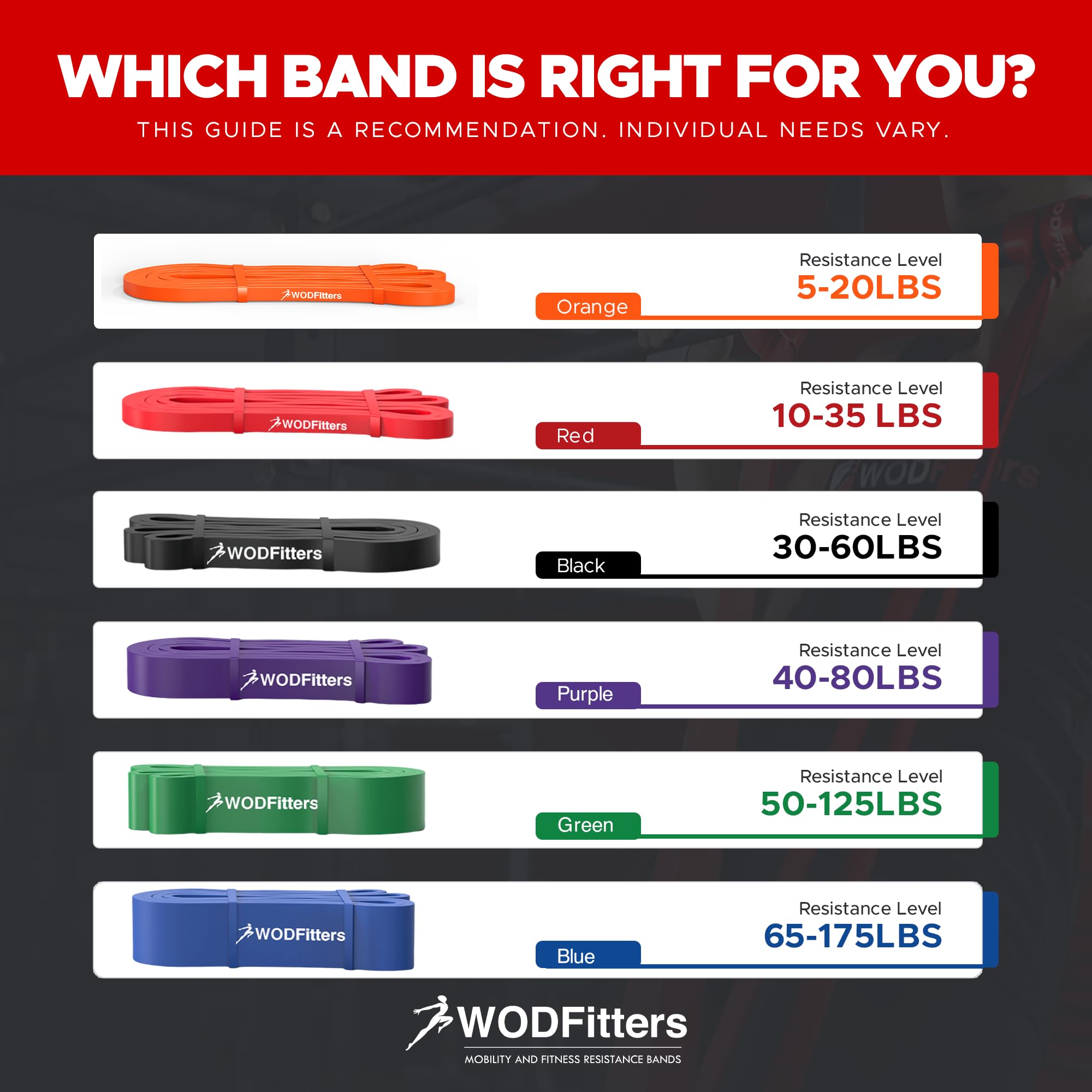 WODFitters Pull Up Assistance Band for Stretching, Mobility Workouts, Warm Up, Recovery, Powerlifting, Home Fitness and Exercise - Single Band