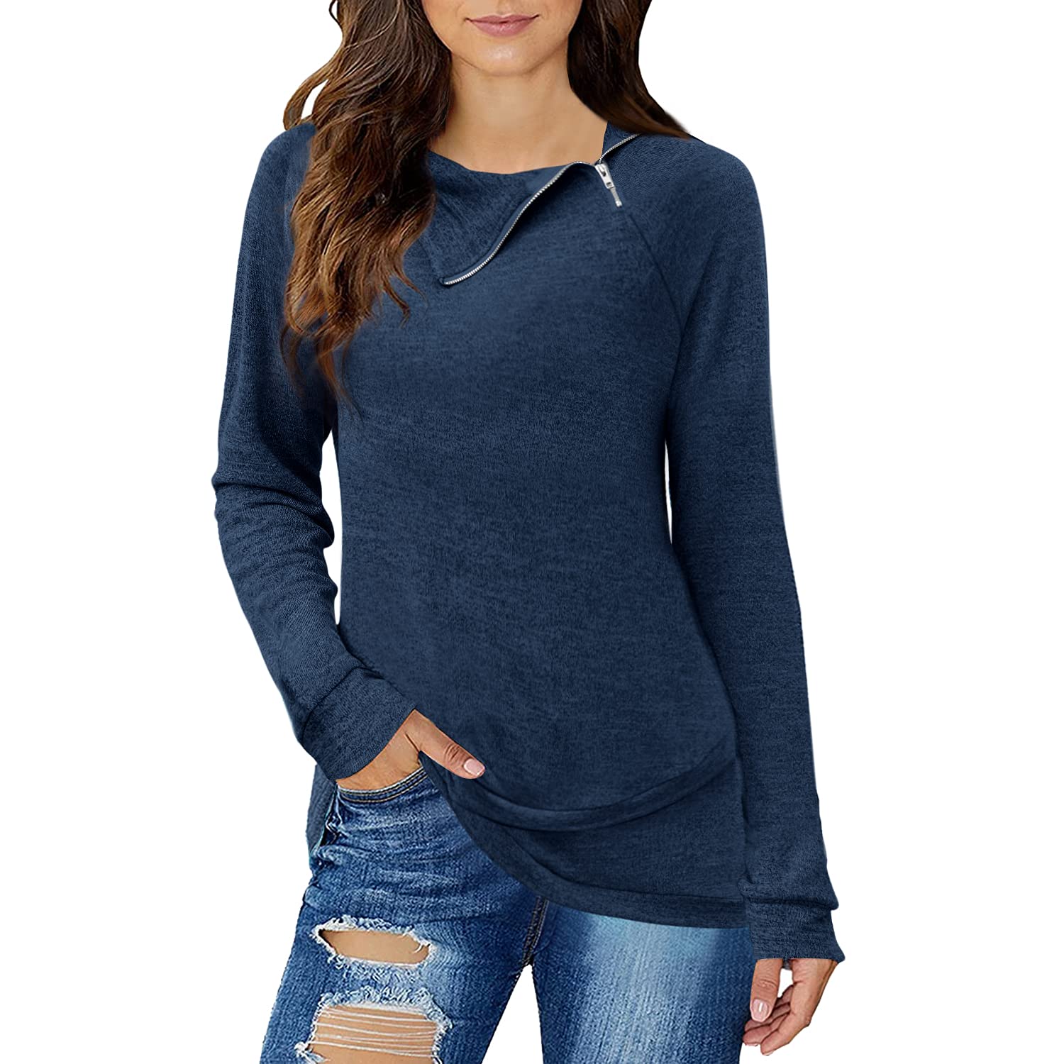 Davenil Women's Long Sleeve Pullover Tops Lightweight Cute Turtleneck Oblique Quarter Zip Sweatshirts with Irregular Hem Navy Size S