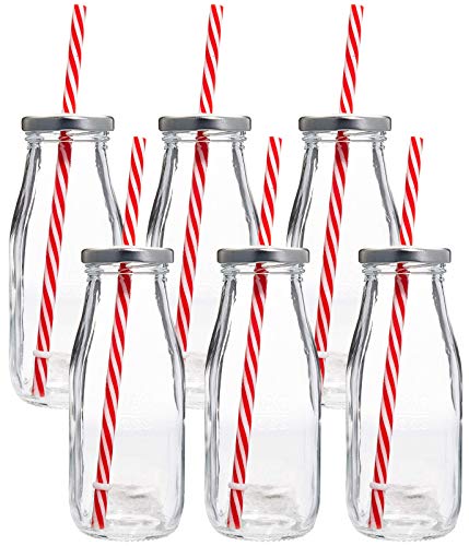 Estilo Glass Milk Bottle with Lid - Milk Glass - Reusable Glass Bottle for Dairy Milk With Straws & Metal Screw On Lids, 10.5 Ounce, Clear, Set of 6