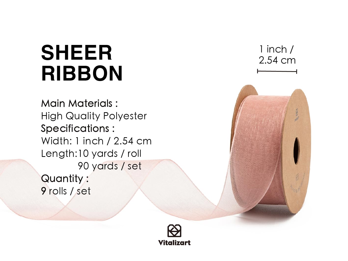 Vitalizart 1" x 90Yd Organza Ribbon Mixed Color Sheer Ribbons Set 10 Yd x 9 Rolls Handmade for Gift Wrapping Christmas Tree Crafts Bows Wedding Invitations Wreaths Wrap