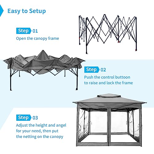 TABU 11x11 Pop Up Gazebo, Outdoor Canopy Tent, Pop-Up Gazebo Tent with Mosquito Netting, Pop-Up Gazebo Shelter with Zippered Screen Wall Panels for Patio Garden Backyard (Dark Grey)