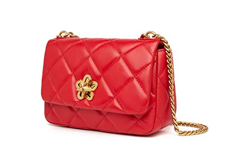 Women Quilted Crossbody Bag Genuine Leather Clutch Purse with Chain Strap Ladies Small Shoulder Handbags - Star Red