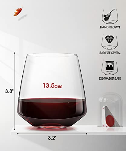 Stemless Wine Glasses Set of 4-13.5oz,Hand Blown Crystal Red White Wine Glasses - Unique gifts for him/her for wedding, birthday, Christmas, father's day, anniversary - clear.