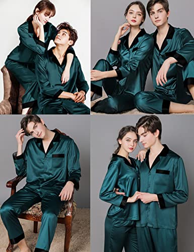 SWOMOG Silk Pajamas Set Women Long Sleeve Satin Sleepwear Loose Long Pants Loungewear Couples Pjs Set for His and Her Deep Green