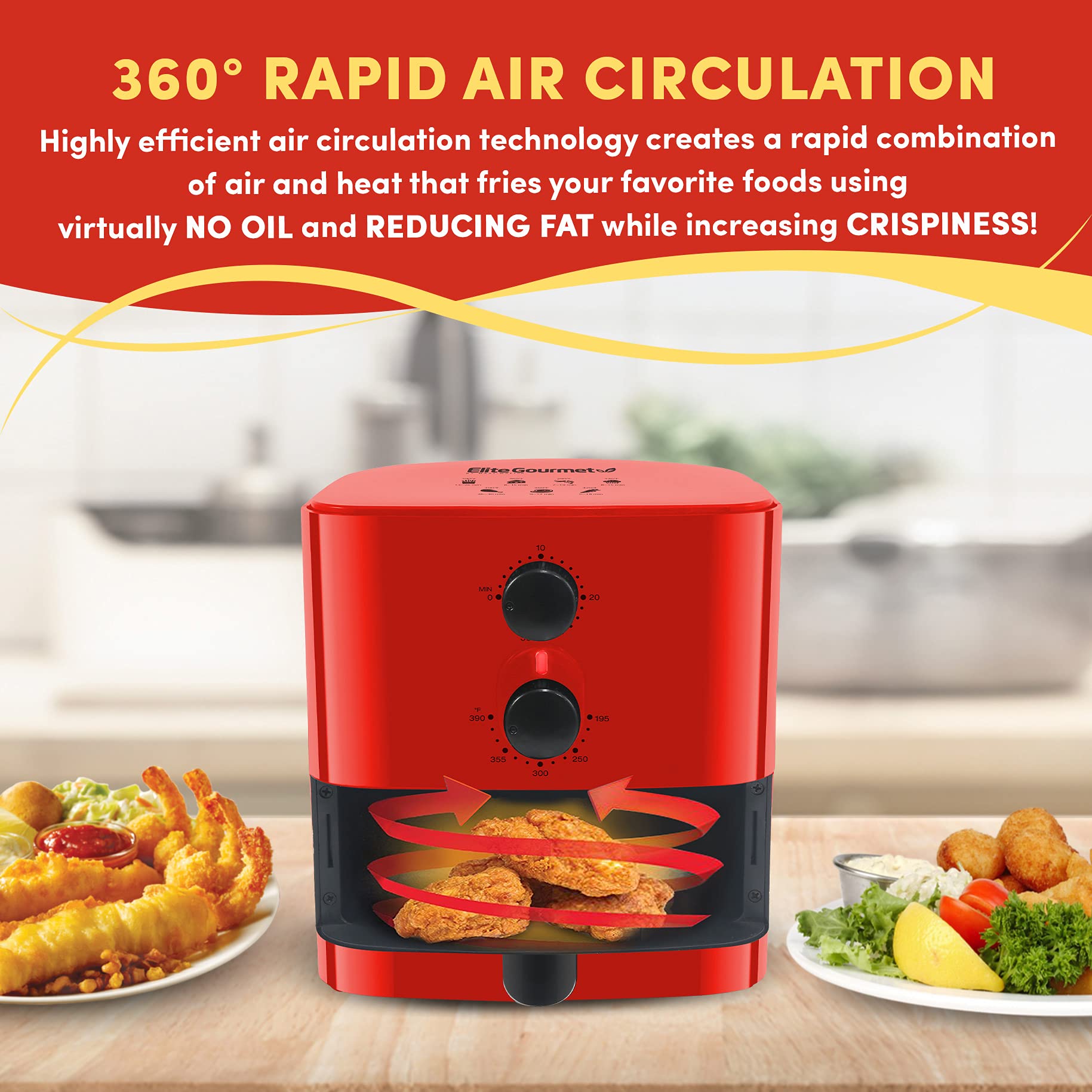 Elite Gourmet EAF-3218R Personal 1.1 Quart Compact Space Saving Electric Hot Air Fryer Oil-Less Healthy Cooker, Timer & Temperature Controls, Red.