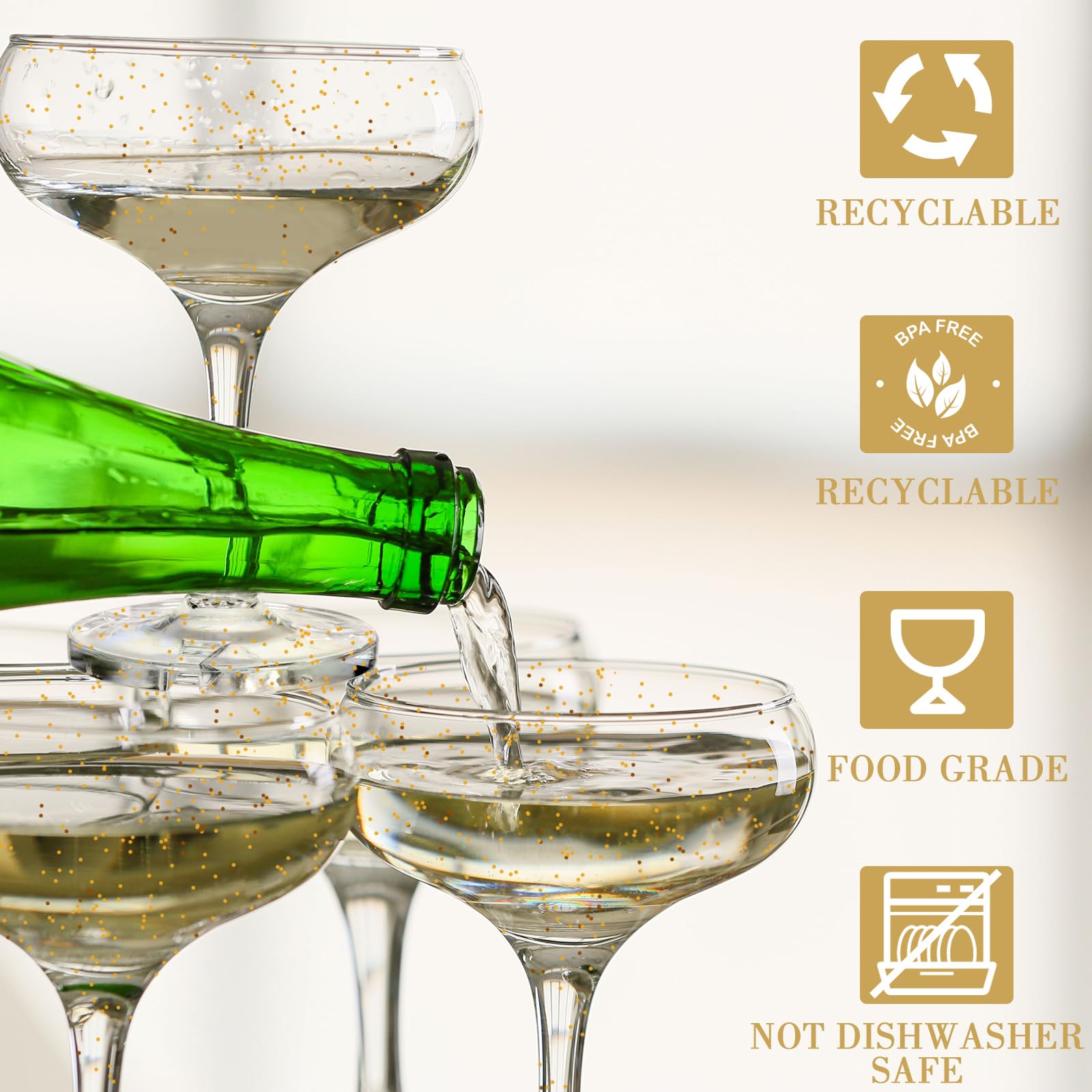 Zopeal 30 Pcs Champagne Coupe Glasses 5 oz Plastic Champagne Tower Disposable Martini Glasses Stackable Stemmed Champagne Coupe for Wedding Birthday Party Bar(Gold Glitter)