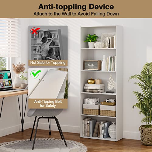 Tangkula 5-Shelf Bookcase, 23.5''L x 9.5''W x 67''H, Multi-Functional Wood Storage Display Open Bookshelf for Home Office (White)