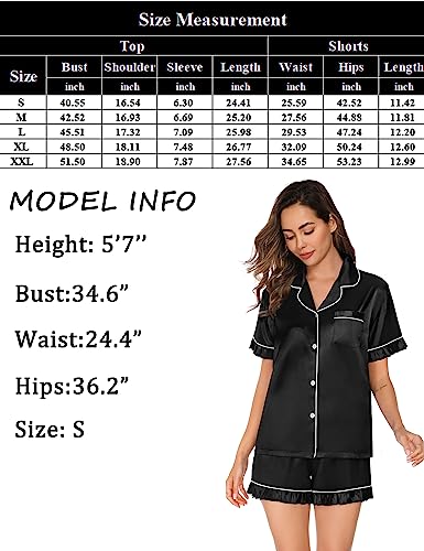 SWOMOG Women Silk Satin Pajama-Sets Short Sleeve Sleepwear Summer Loungewear 2 Pcs Nightwear Ruffle Hem Pyjamas Black