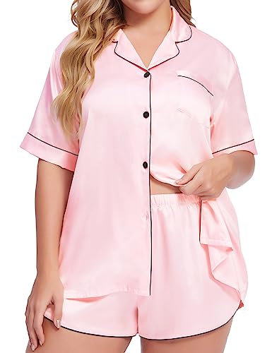 SWOMOG Women's Satin Plus Size Pajamas Silk Short Sleeve Pjs Sets Button Down Silk Sleepwear 2 Piece Bridal Pjs Loose Outfits Pink