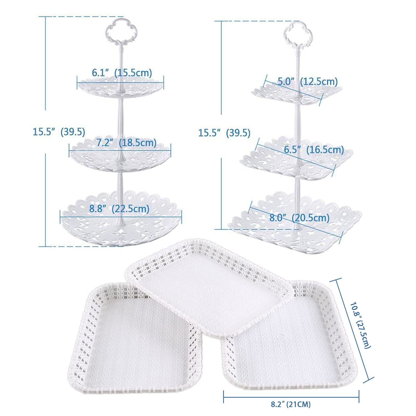 FEOOWV 2pcs 3 Tier Round &3pcs Rectangle Serving Trays, Plastic Party Cake Stand and Cupcake Holder Fruits Dessert Display Plate Table Decoration for Wedding Birthday Party Celebration(Set of 5pcs)