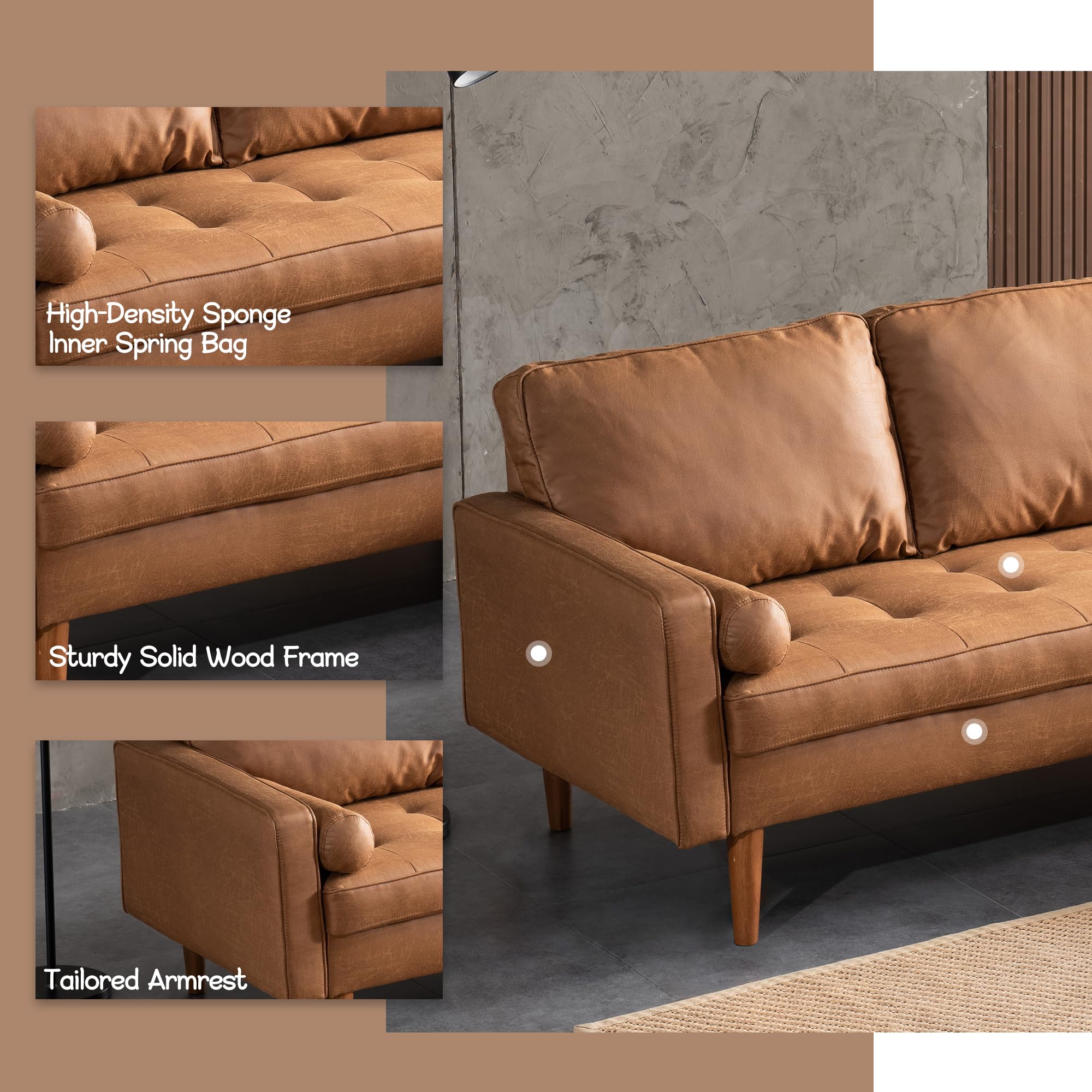 ovios 83" L-Shape Sofa Couch with Chaise, Suede Leather Couches with Comfy Cushions, Minimalism Deep Seat Cloud Sofas for Living Room Apartment, Right Chaise, Brown