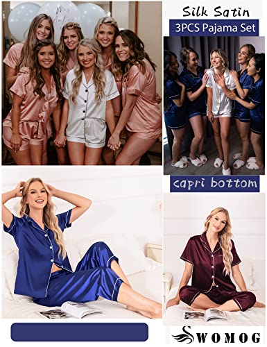 SWOMOG Womens 3 Piece Silk Satin Pajamas Short Sleeve Pjs Sets Shorts and Capri Bottom Pajama Pants Loose Outfit Sleepwear Pink