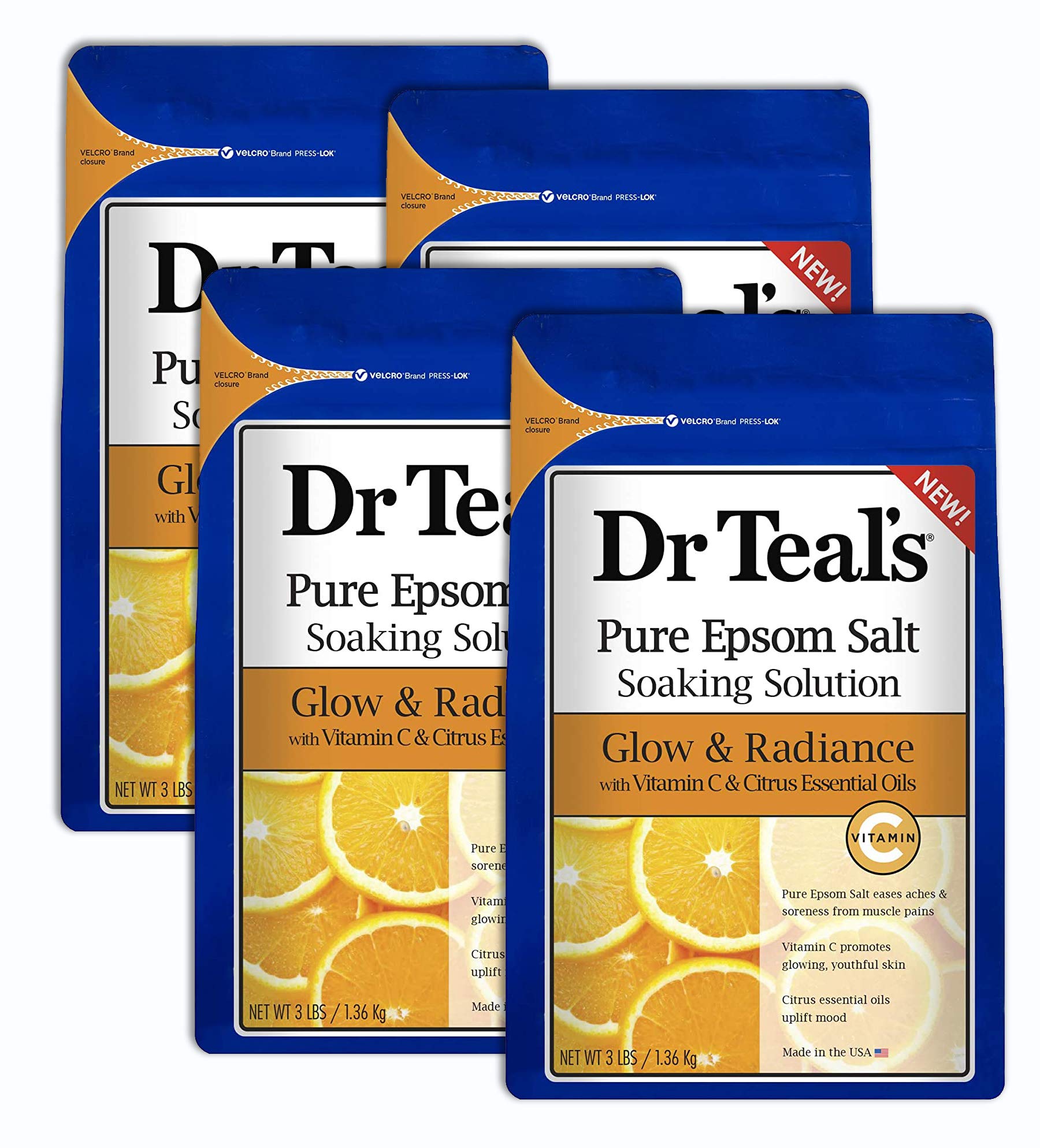 Dr. Teal's Vitamin C & Citrus Salt Bath Gift Set (4 Pack, 3lbs Ea.) - Glow & Radiance Vitamin C & Citrus Oils Blended with Pure Epsom Salt - Promote Glowing, Youthful Skin at Home