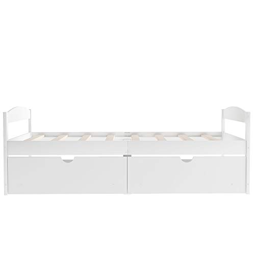 POCIYIHOME Wooden Daybed with Two Drawers, Twin Size Platform Bed with Clean Lines, Modern Daybed with Slats Support, Suitable for Bedroom,Living Room and Office, No Box Spring Needed, White