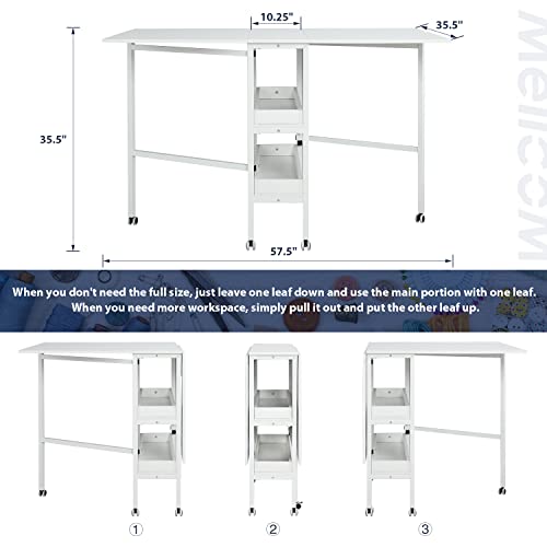 MELLCOM Home Hobby Craft Table with Storage Shelves, Mobile Folding Cutting Table for Large Fabric, Foldable Table for Home Office Sewing Room Craft Room, Fixed Height 35.5in