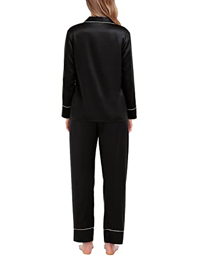SWOMOG Womens Silk Satin Pajamas Long Sleeve Loungewear Two-piece Sleepwear Button Down Pj Set Black