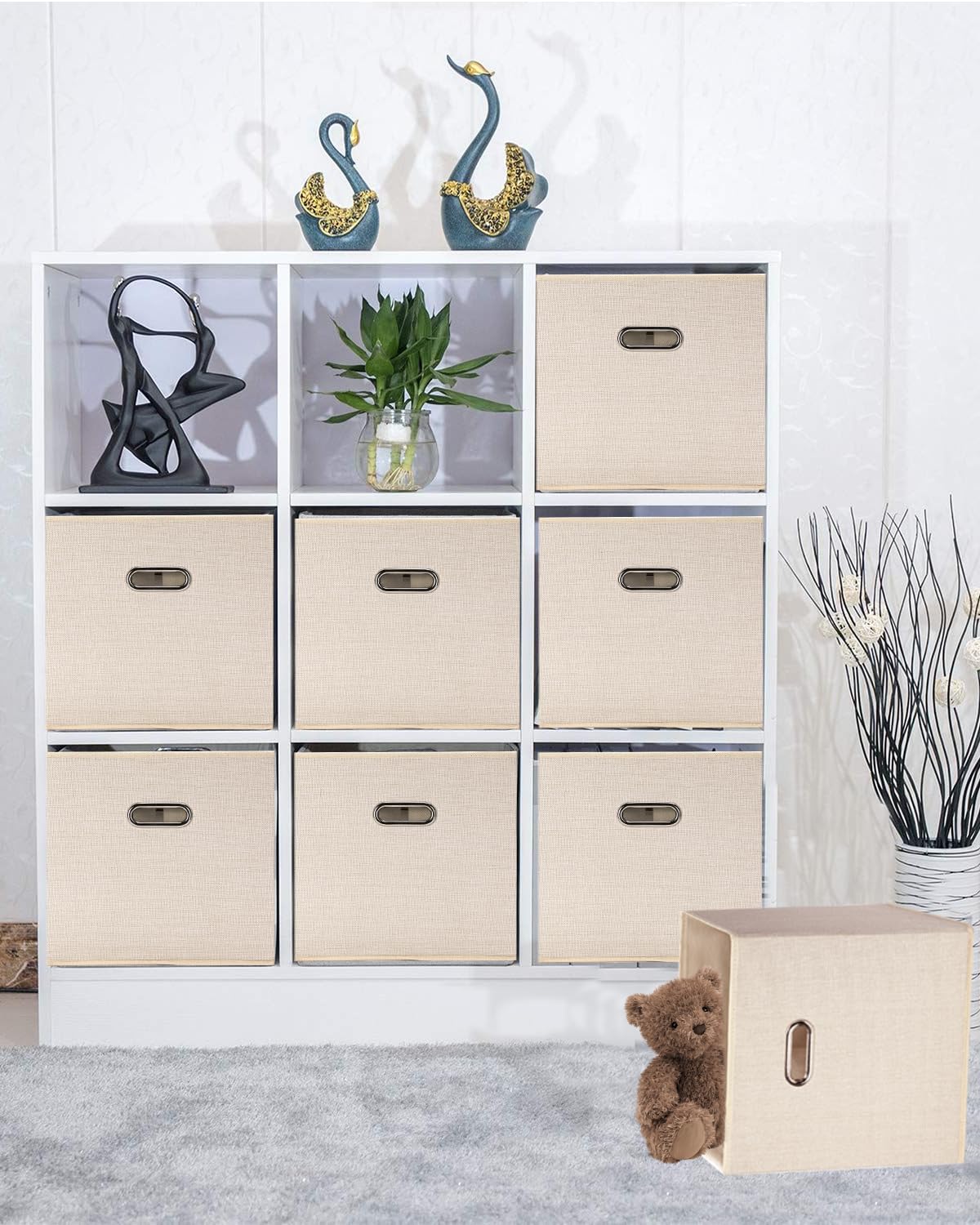 NEATJELAI Storage Cubes 13 Inches Cube Storage Organizer Bins Linen Fabric Storage Container with Metal Hallow Handles,Foldable Design for Shelves Closet Organizers and Storage, 4 Pack, Beige