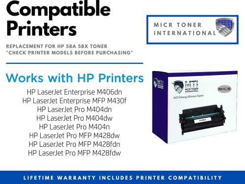 MTI Remanufactured 58A MICR Toner Replacement for HP 58A CF258A 58X CF258X Laser Printers M404 M404n M404dn MFP M428 M428fdw M428dw M428fdn Check Printer Ink with Bypass Chip