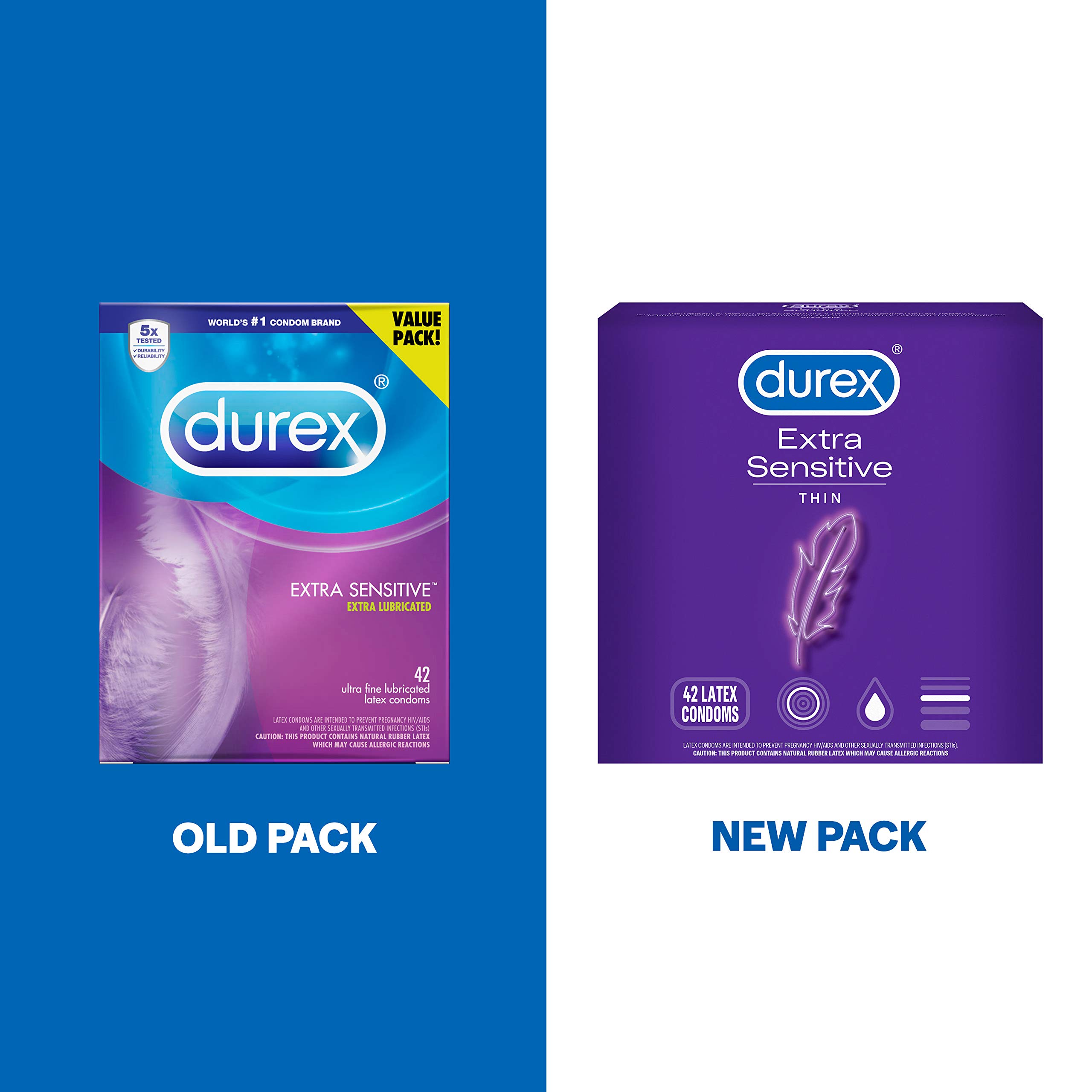 Durex Extra Sensitive Condoms, Ultra Thin, Lubricated Natural Rubber Latex Condoms for Men, FSA & HSA Eligible, 42 Count (Pack of 2)