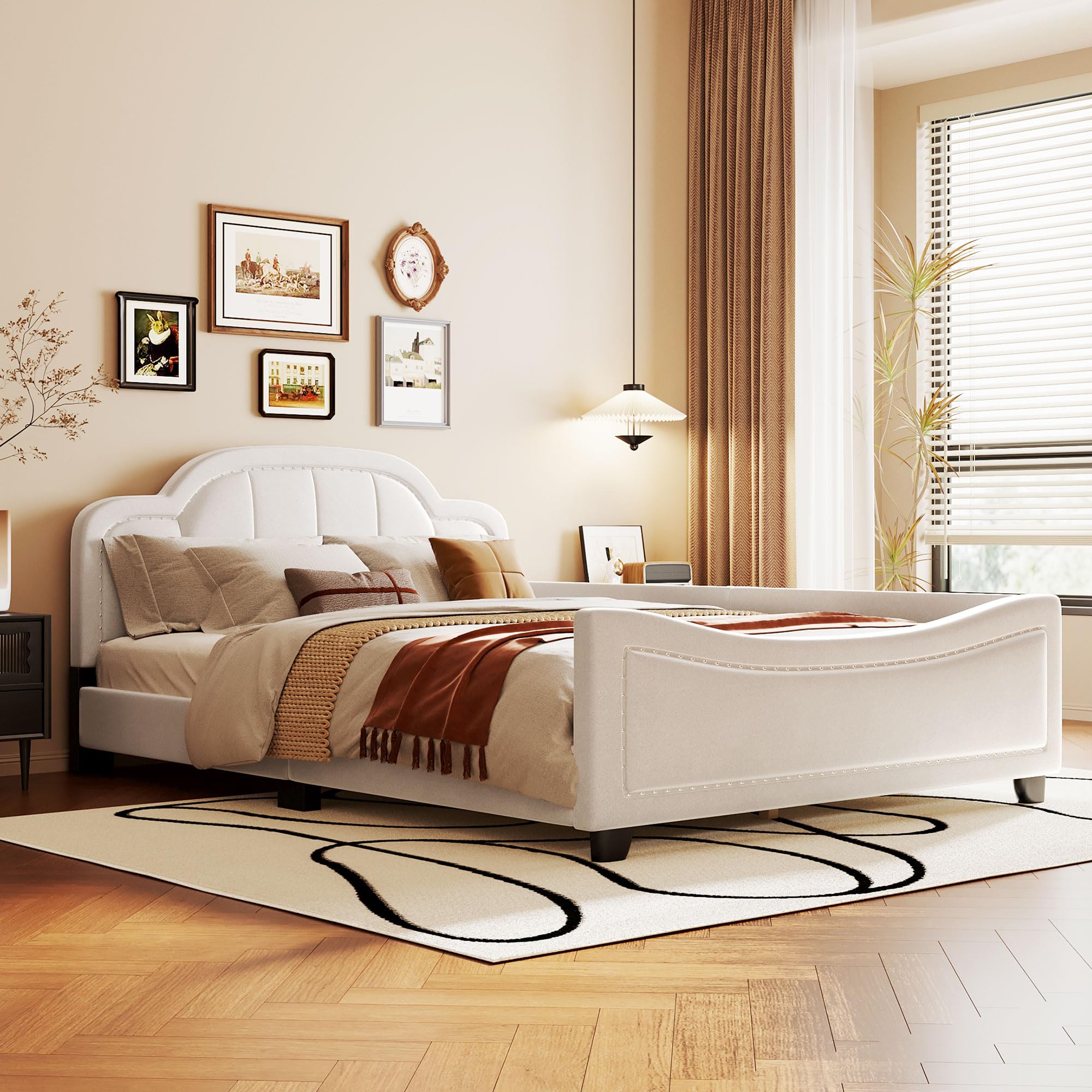 P PURLOVE Full Size Upholstered Daybed with Headboard,Velvet Platform Bed with Rails and Slat,Low Profile Single Daybed for Girls Boys,Beige